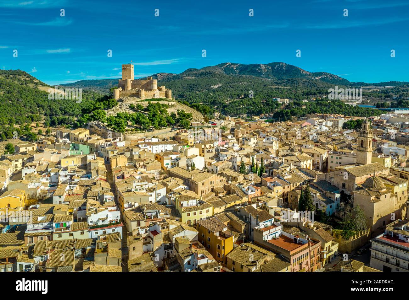 Aerial view of Biar castle in Valencia province Spain with donjon ...