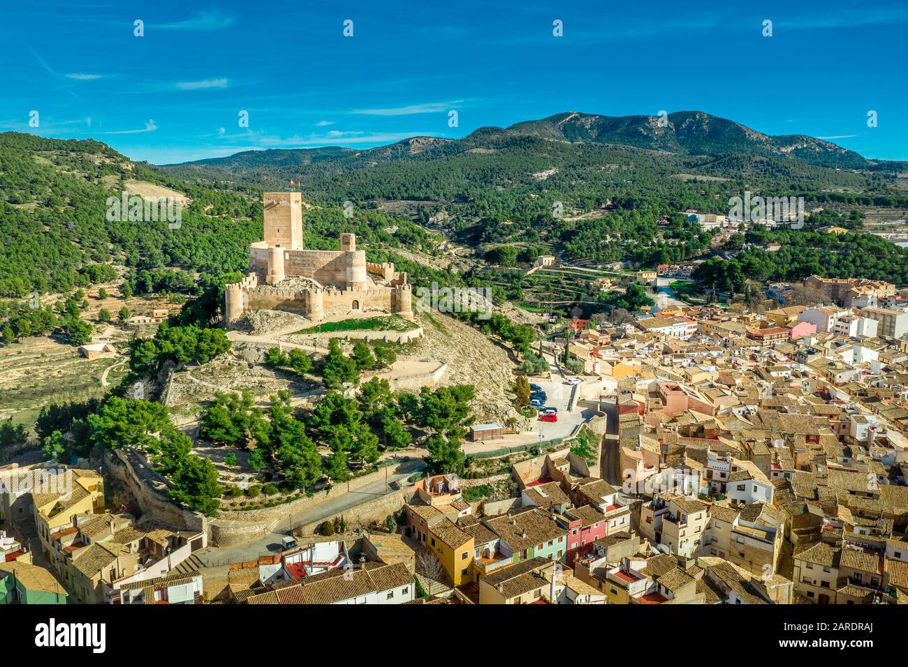 Aerial view of Biar castle in Valencia province Spain with donjon ...