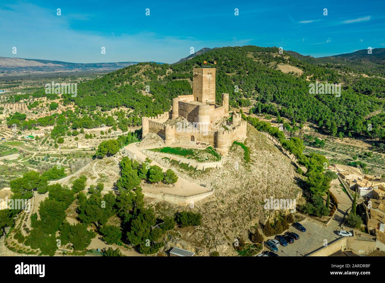 Aerial view of Biar castle in Valencia province Spain with donjon ...