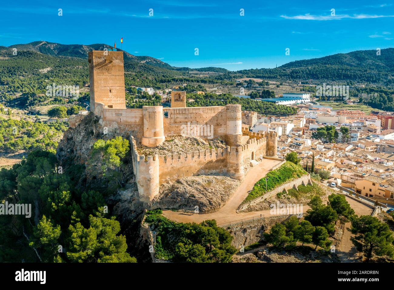 Aerial view of Biar castle in Valencia province Spain with donjon ...