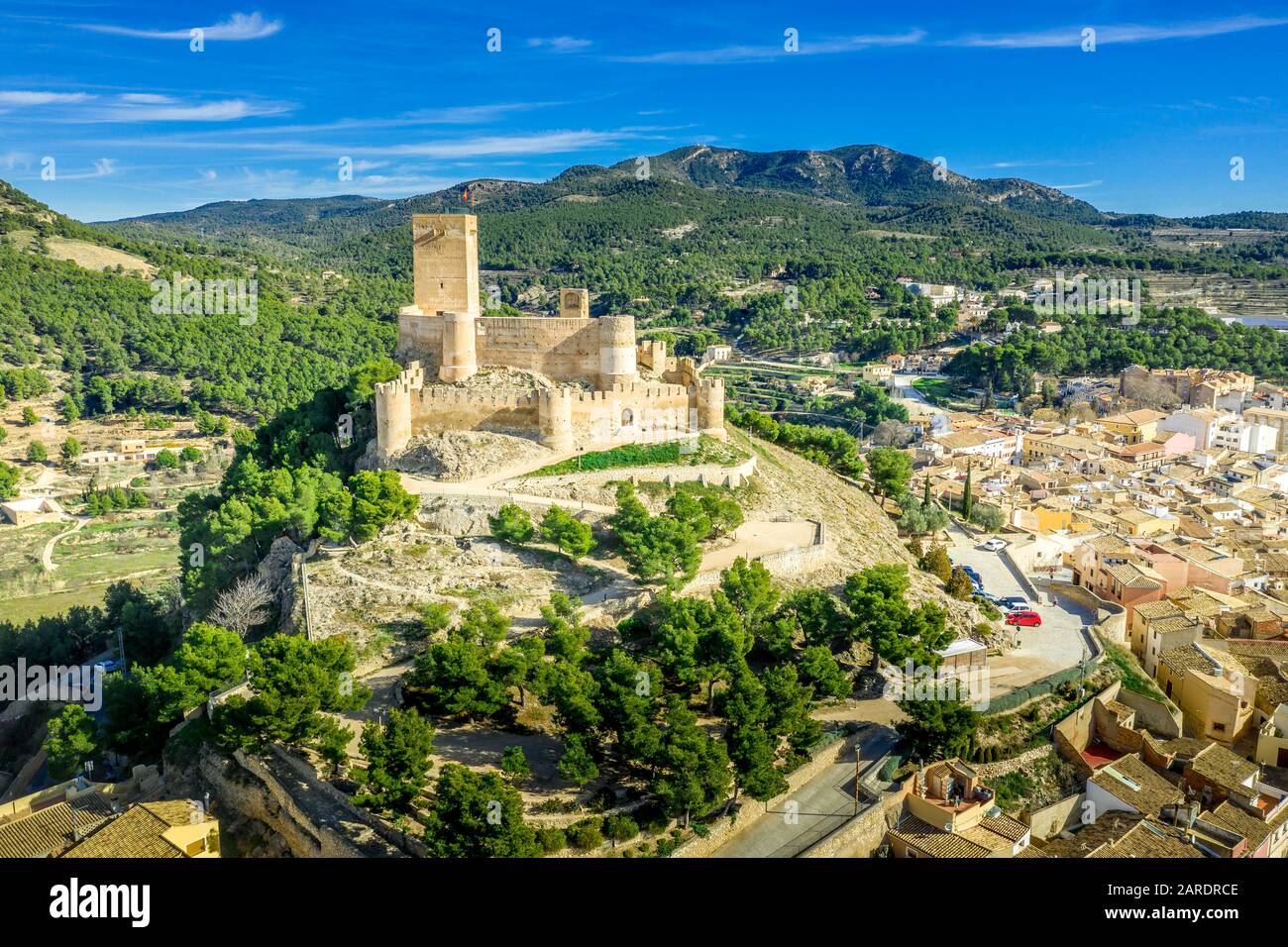 Aerial view of Biar castle in Valencia province Spain with donjon ...