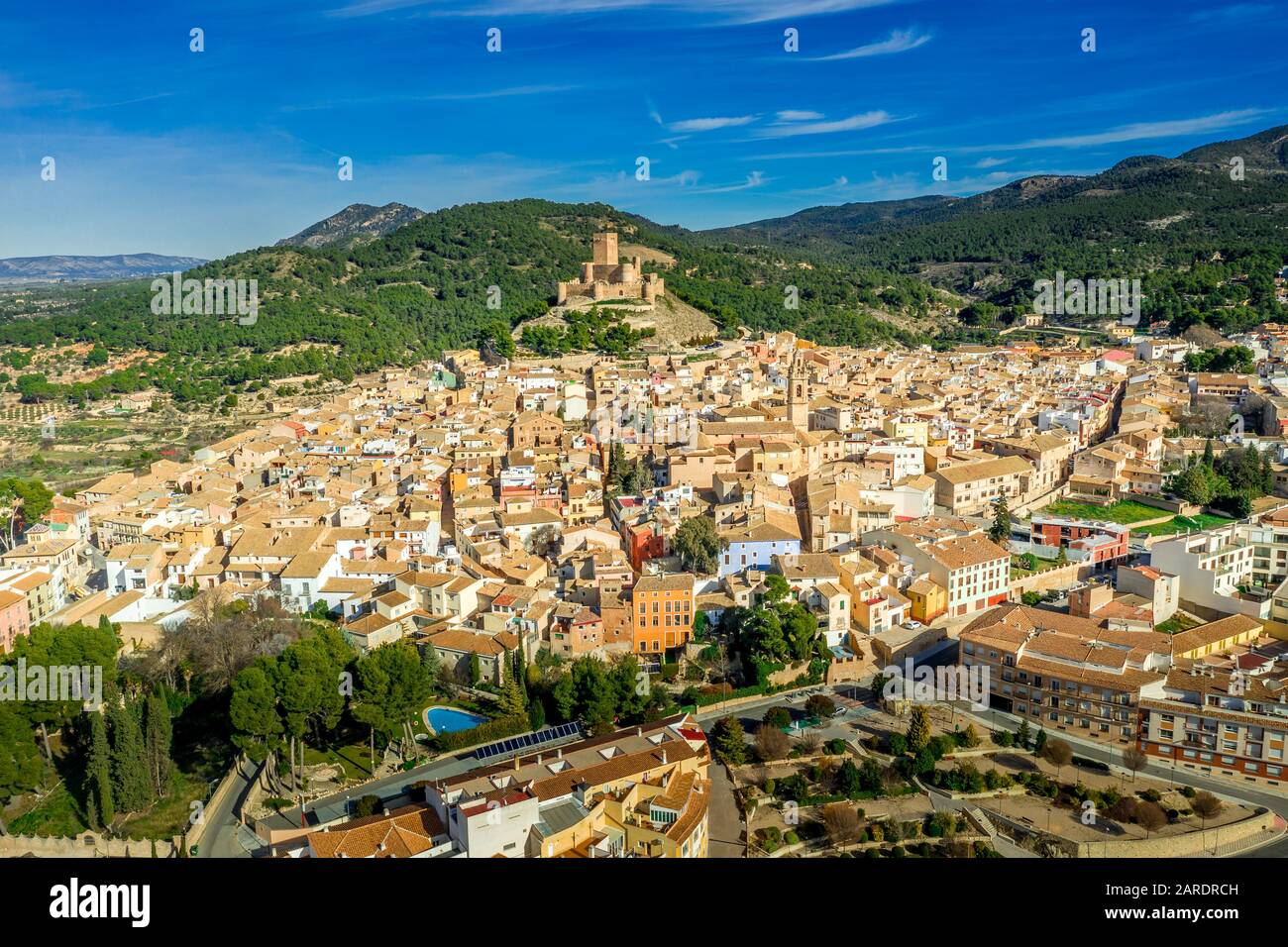 Aerial view of Biar castle in Valencia province Spain with donjon ...