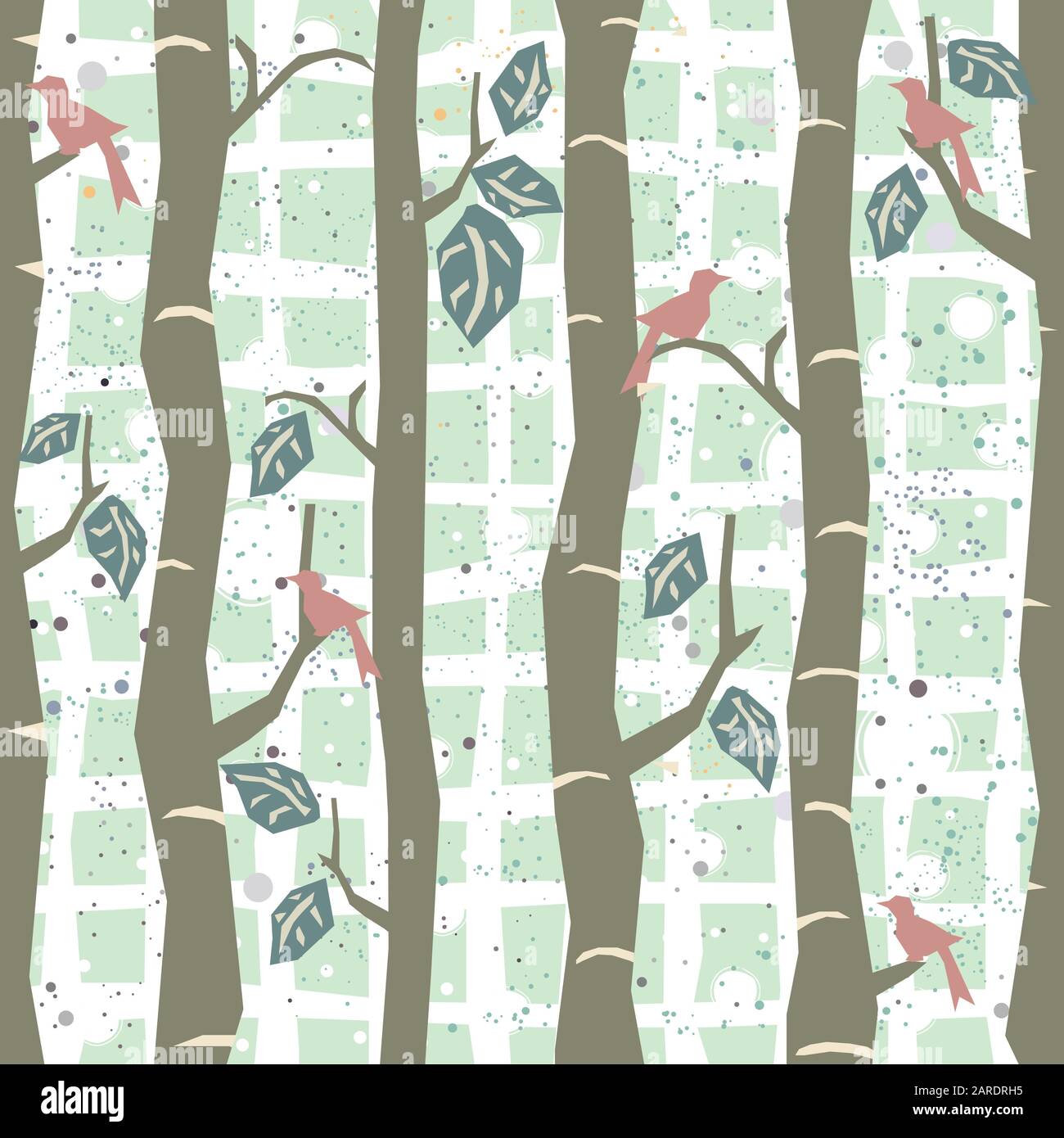 Seamless Tree Pattern with big birds and leaves. Vector Illustration ...