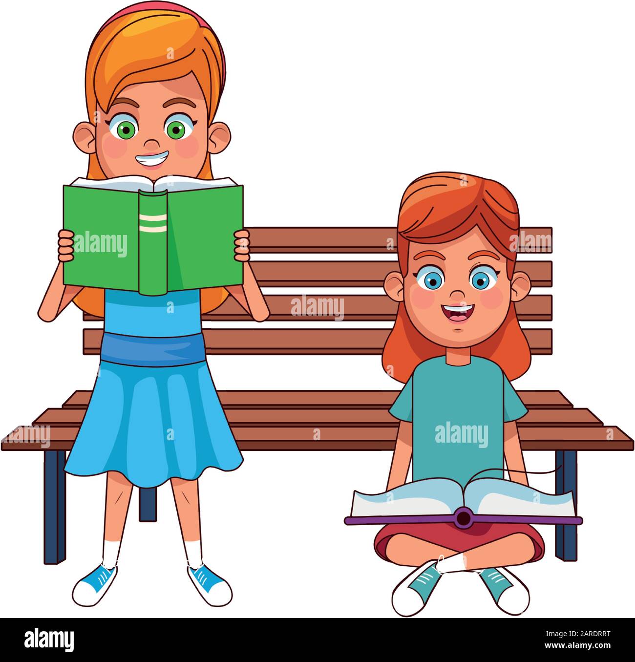 cartoon girls reading books and park bench, colorful design Stock ...