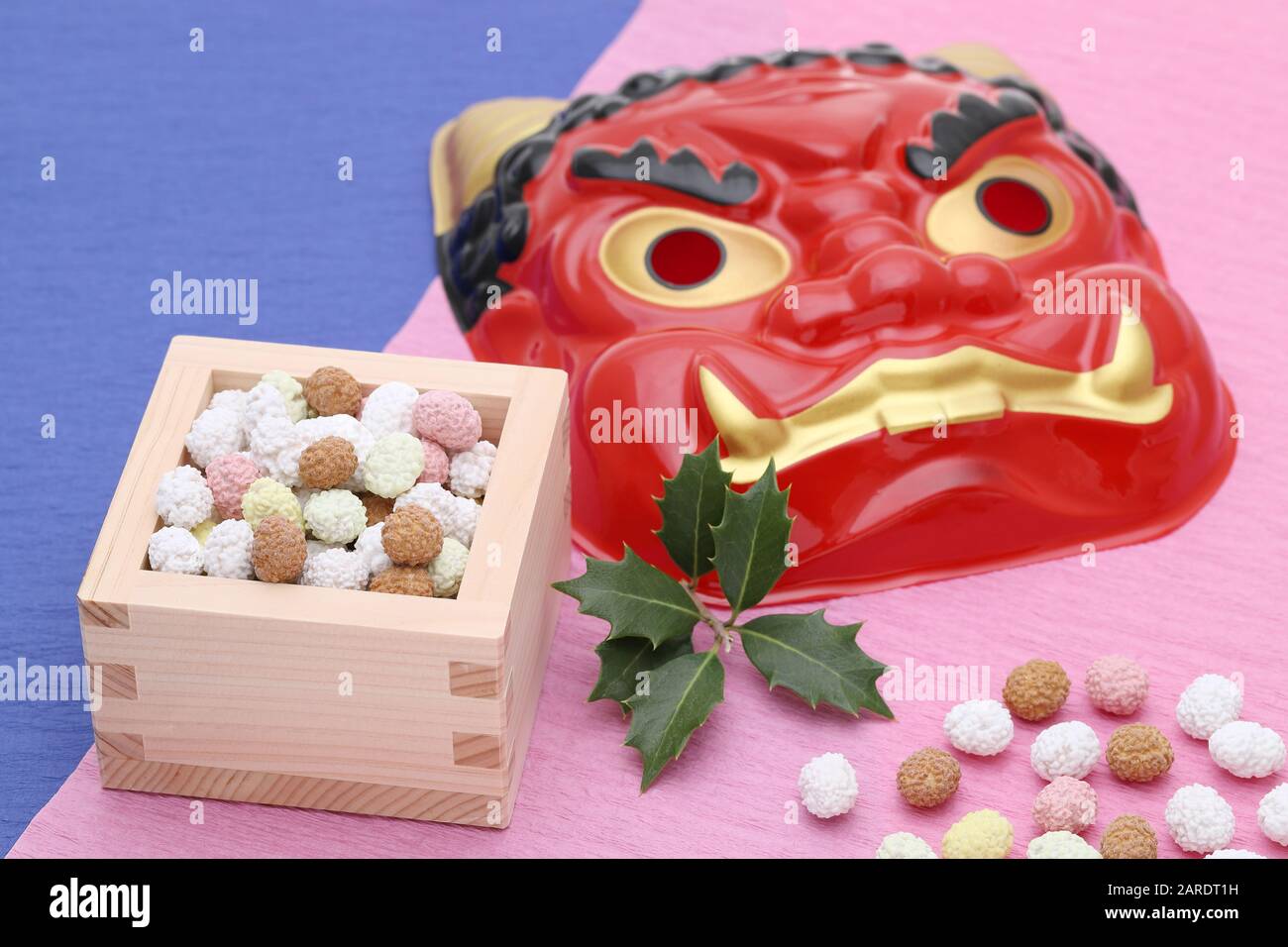Japanese traditional Setsubun event, Soybeans and masks of oni demon ...