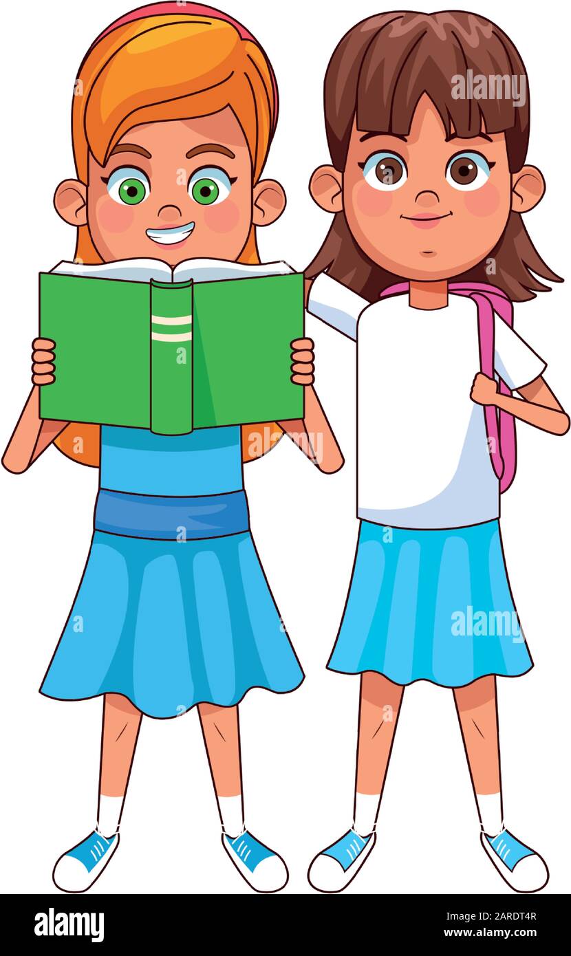 Happy girls standing and holding a book, colorful design Stock Vector ...