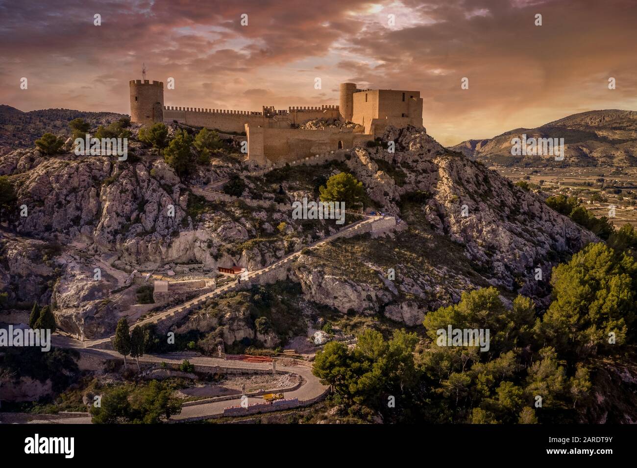 Aerial view of Castalla castle in Valencia province Spain with donjon ...