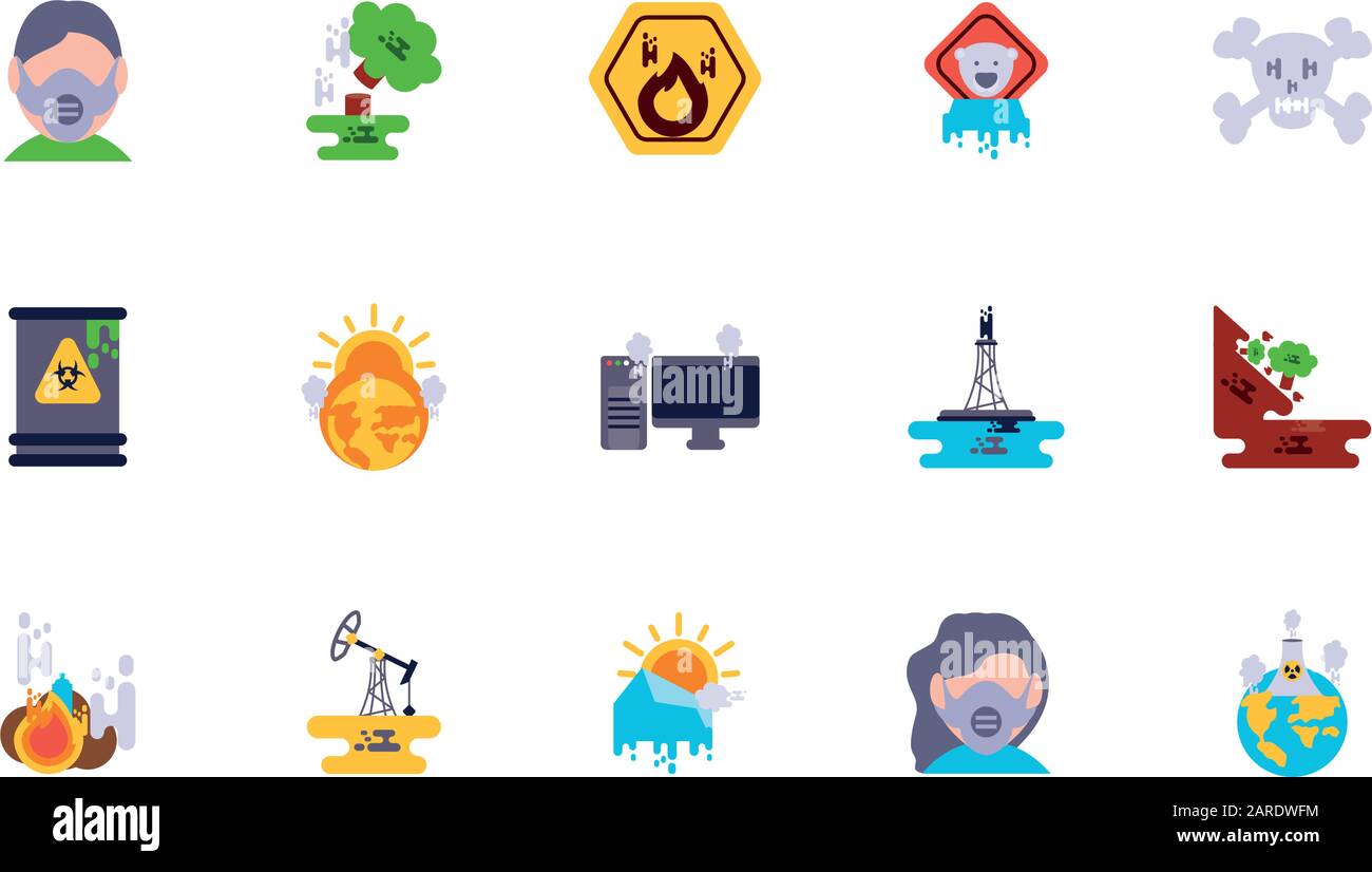 Icon set design, Climate change global warning pollution environment ...