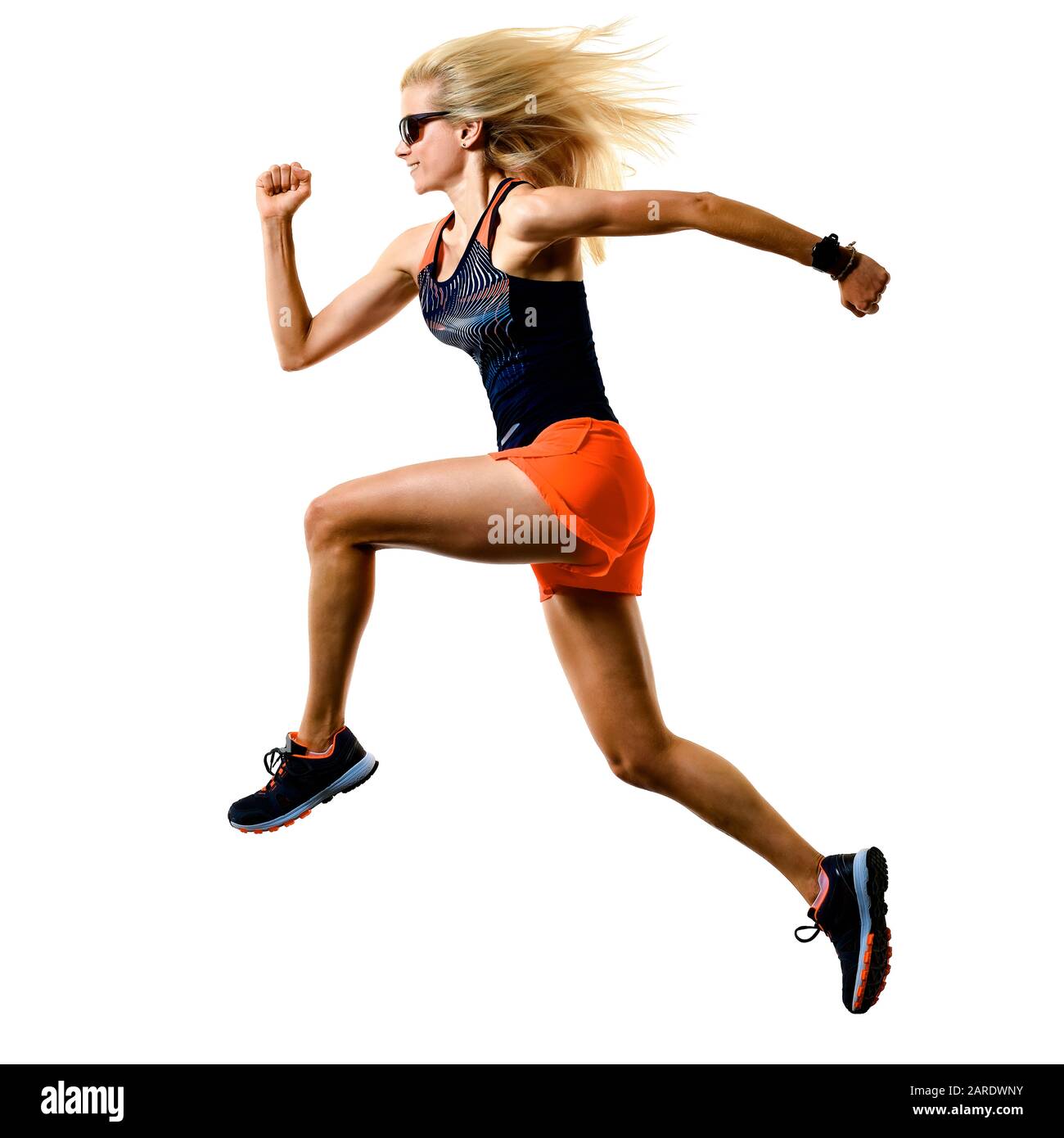 one caucasian beautiful long blond hair woman runner jogger jogging running studio shot isolated ...