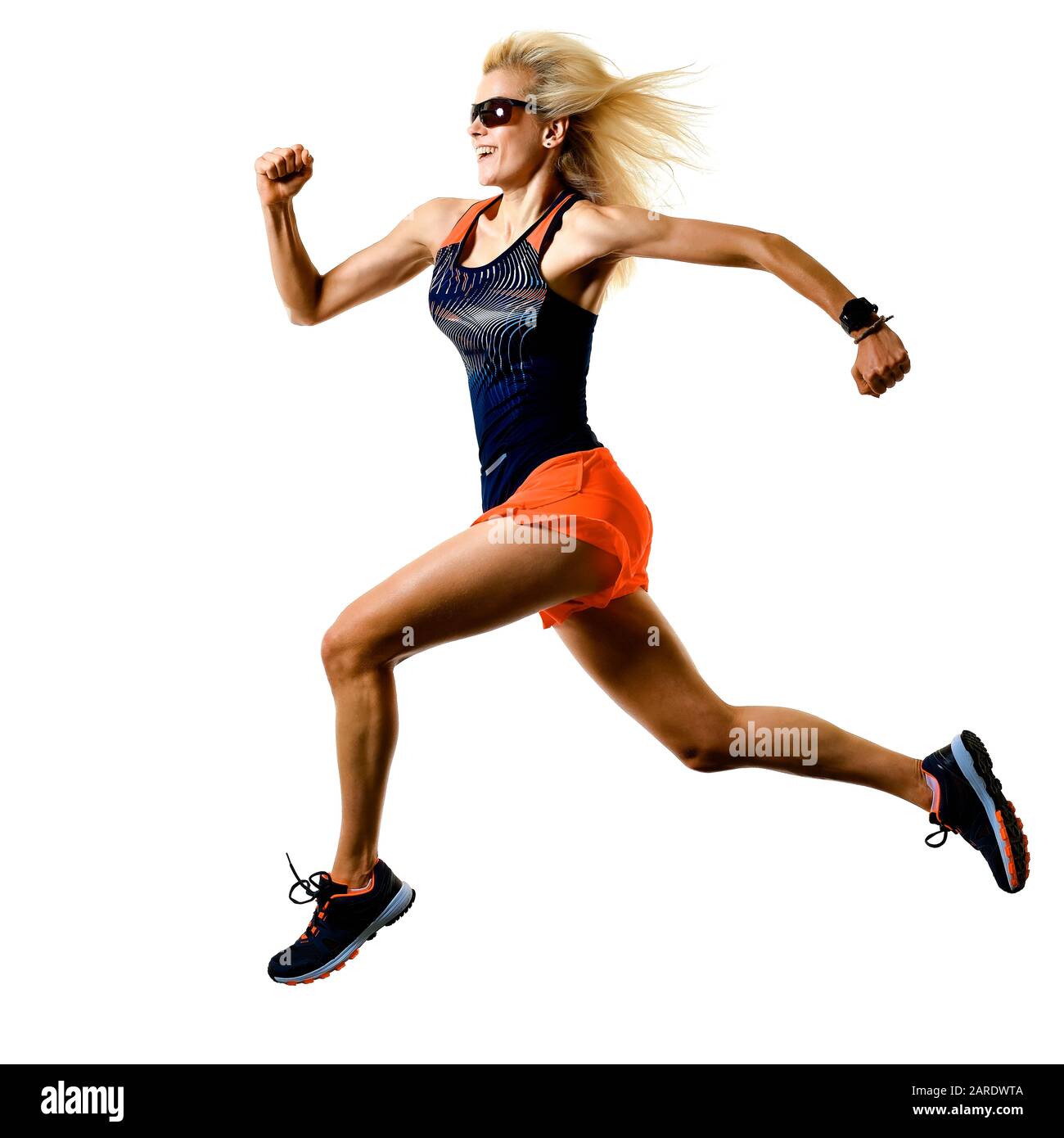 one caucasian beautiful long blond hair woman runner jogger jogging ...
