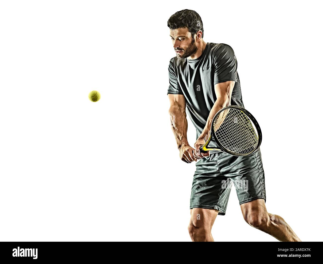 one caucasian mature tennis player man backhand waist up profile side ...