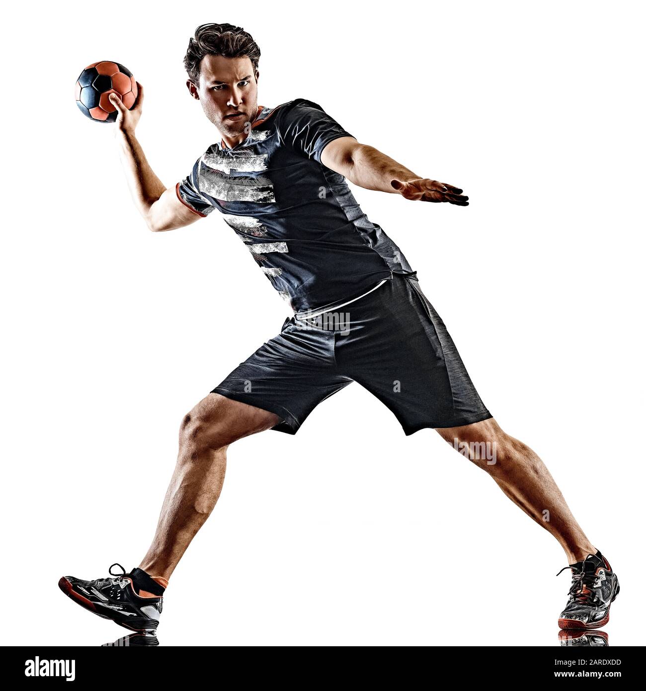 one young caucasian court handball player man in studio silhouette ...