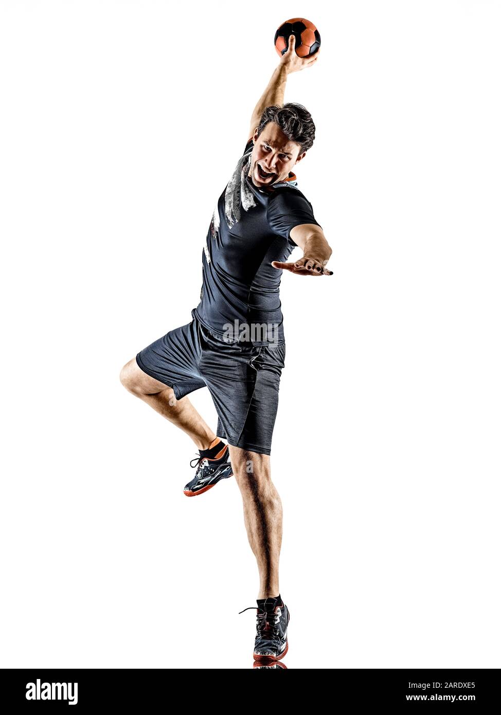 one young caucasian court handball player man in studio silhouette ...