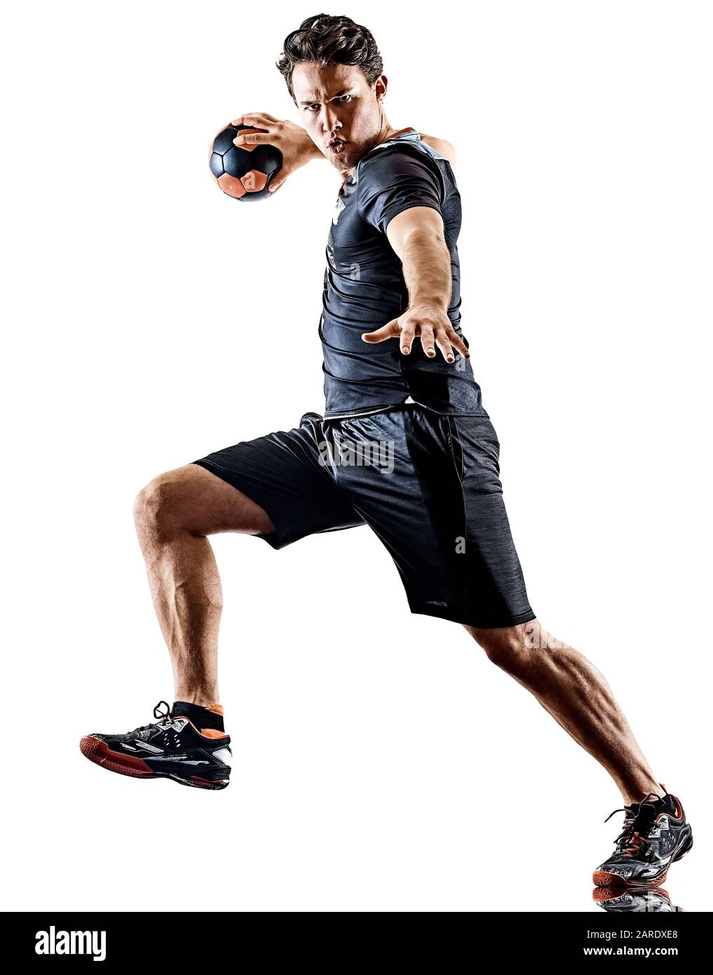 one young caucasian court handball player man in studio silhouette ...