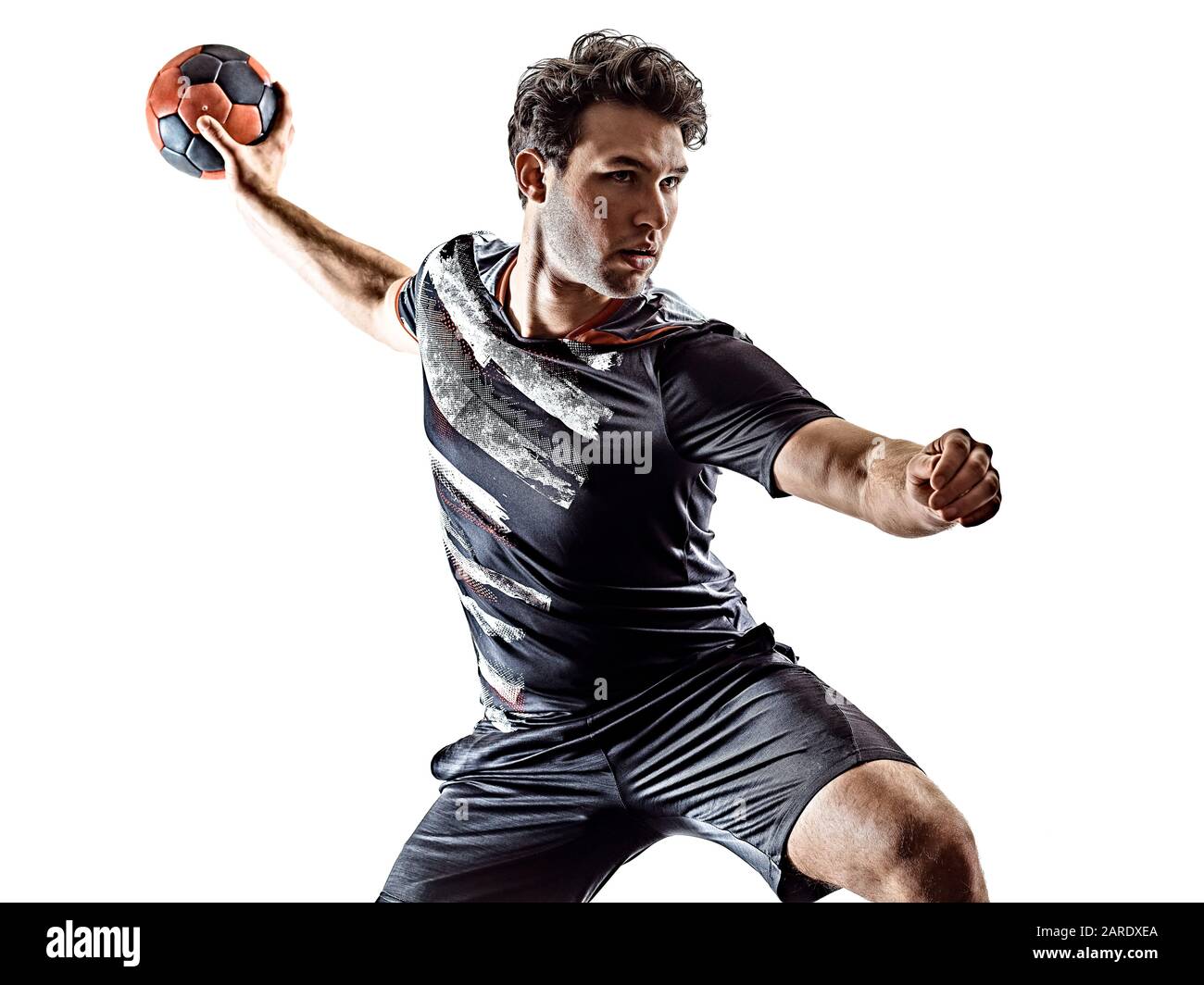 one young caucasian court handball player man in studio silhouette ...