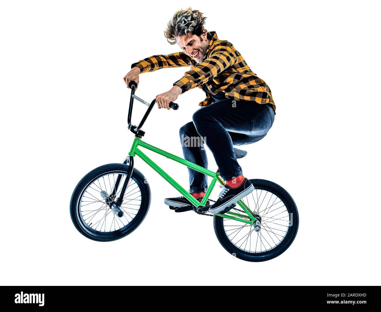 one young caucasian man BMX rider cyclist cycling freestyle acrobatic ...