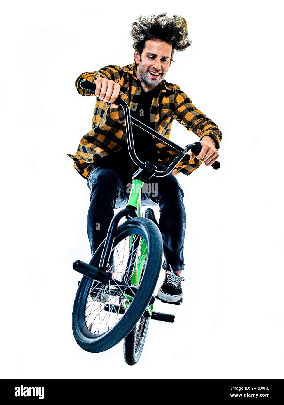 one young caucasian man BMX rider cyclist cycling freestyle acrobatic ...