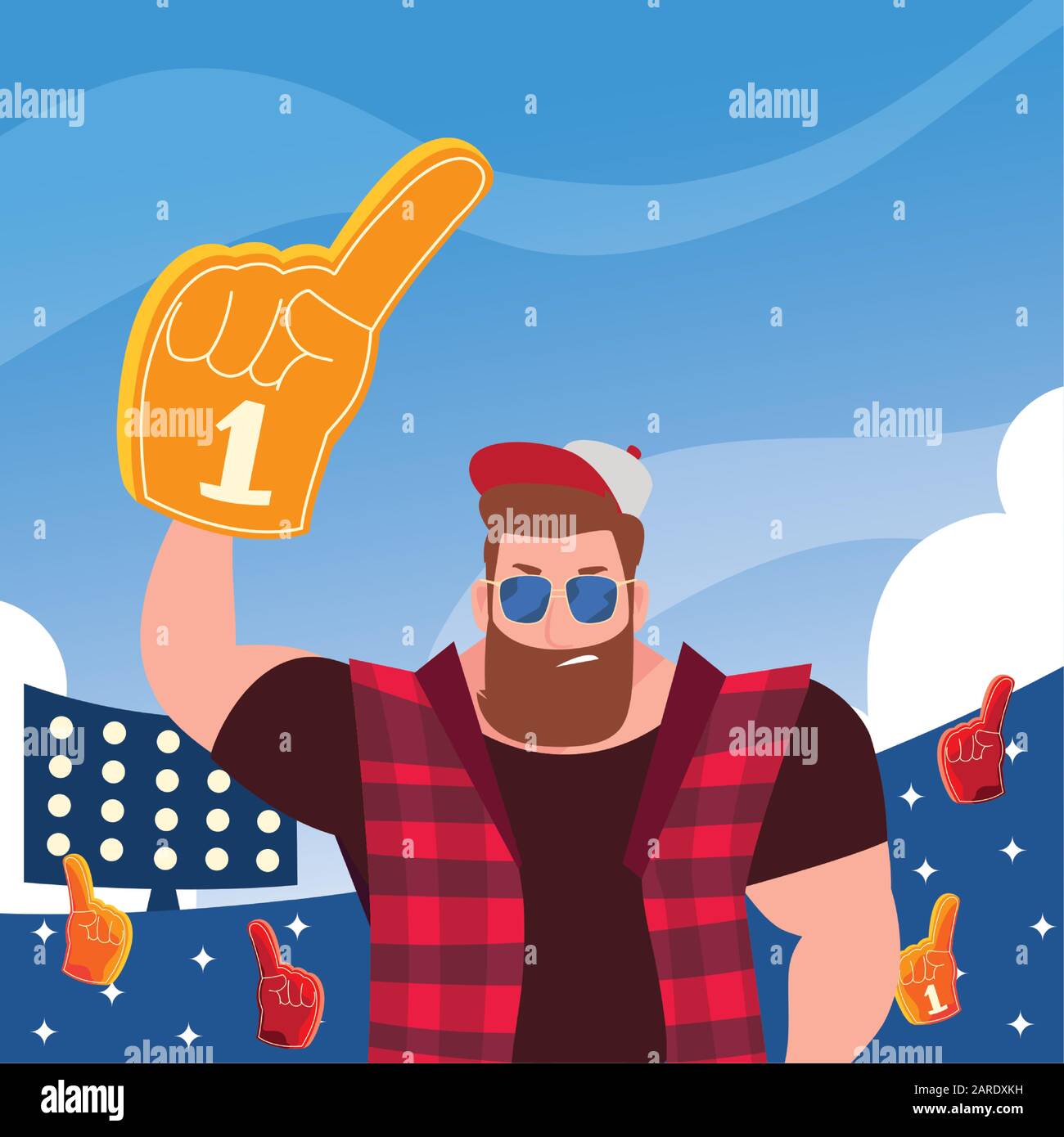 man holding a hand glove with number 1 fan, yellow foam finger vector ...