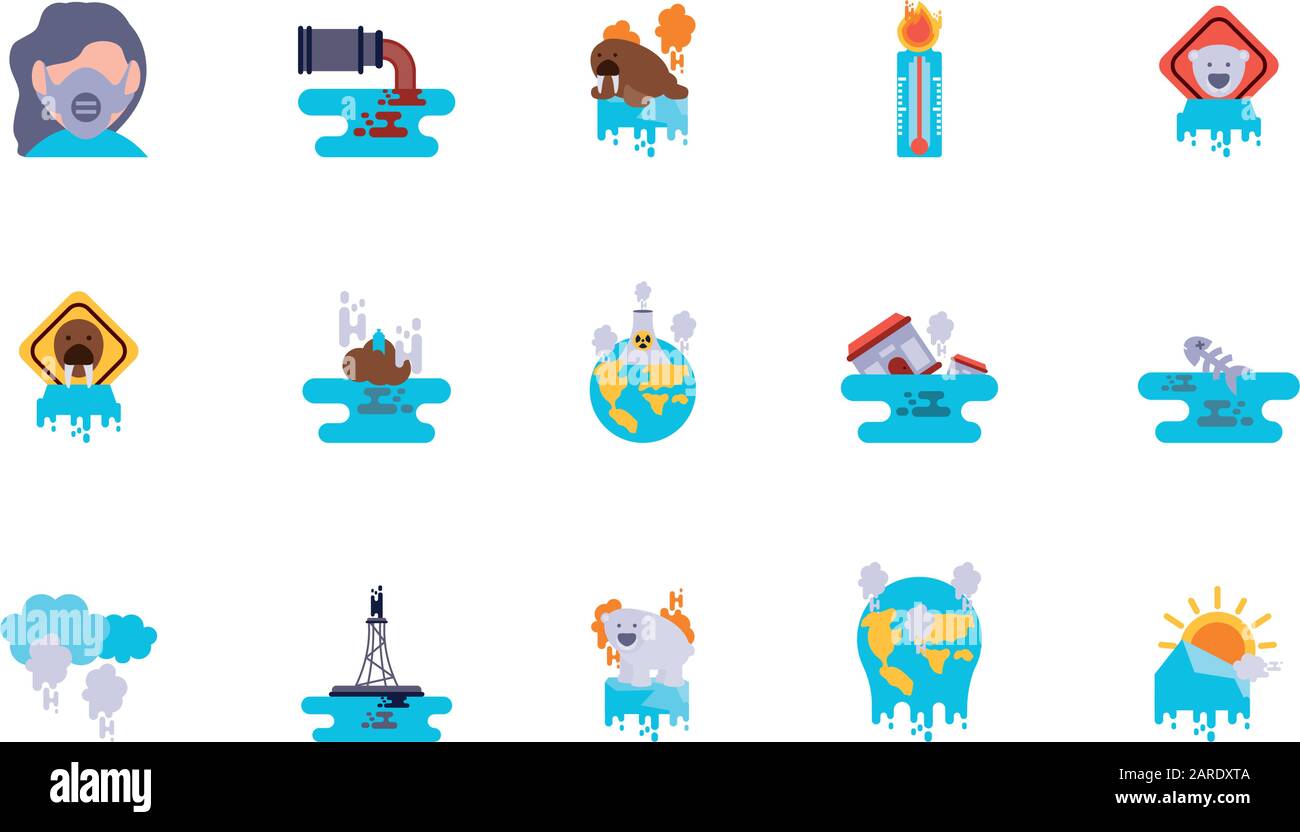 Icon set design, Climate change global warning pollution environment ...
