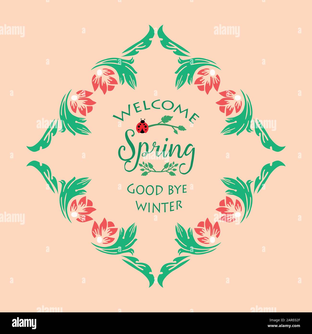 Poster design for welcome spring, with elegant style leaf and red ...