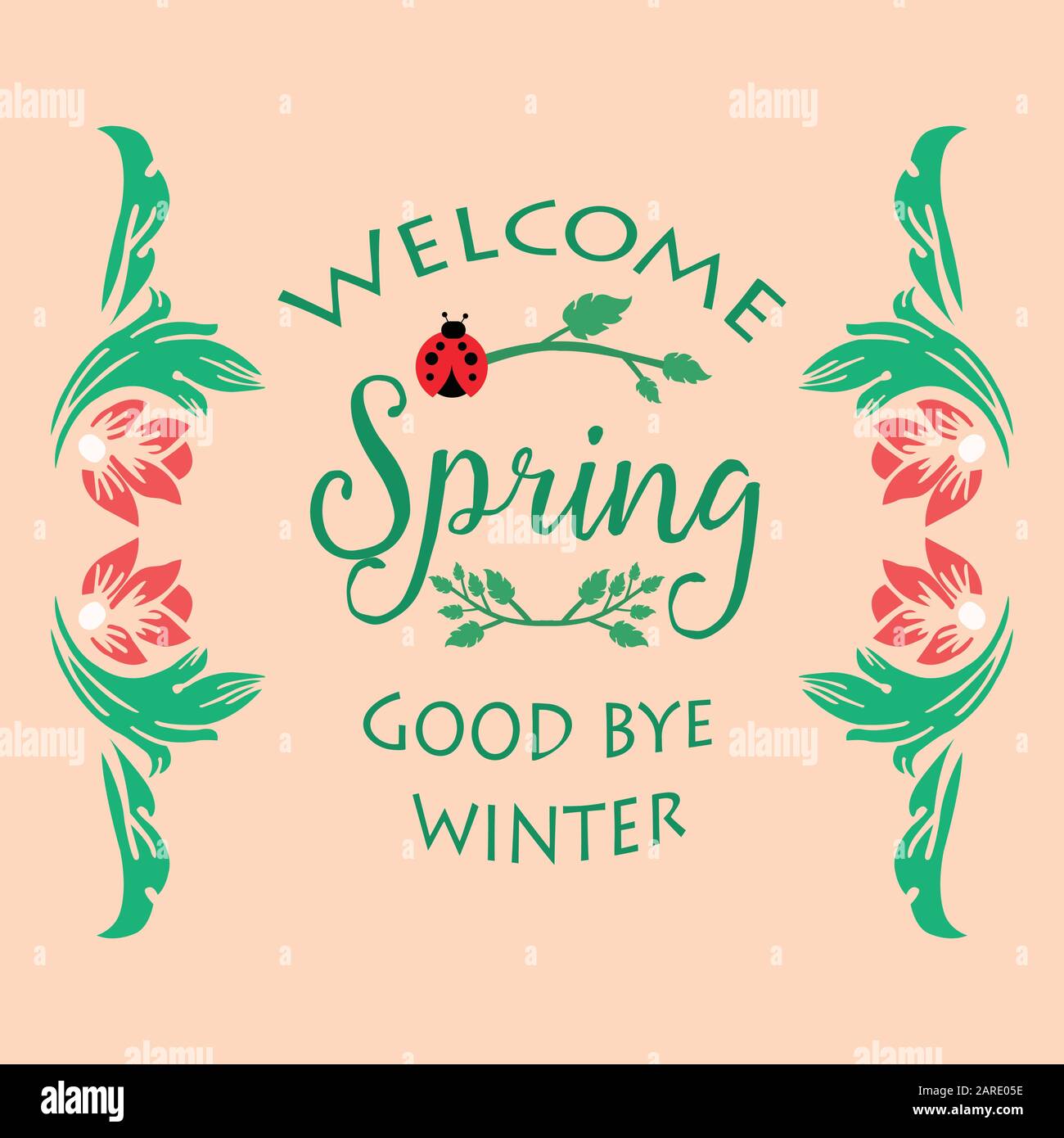 Poster design for welcome spring, with elegant style leaf and red ...