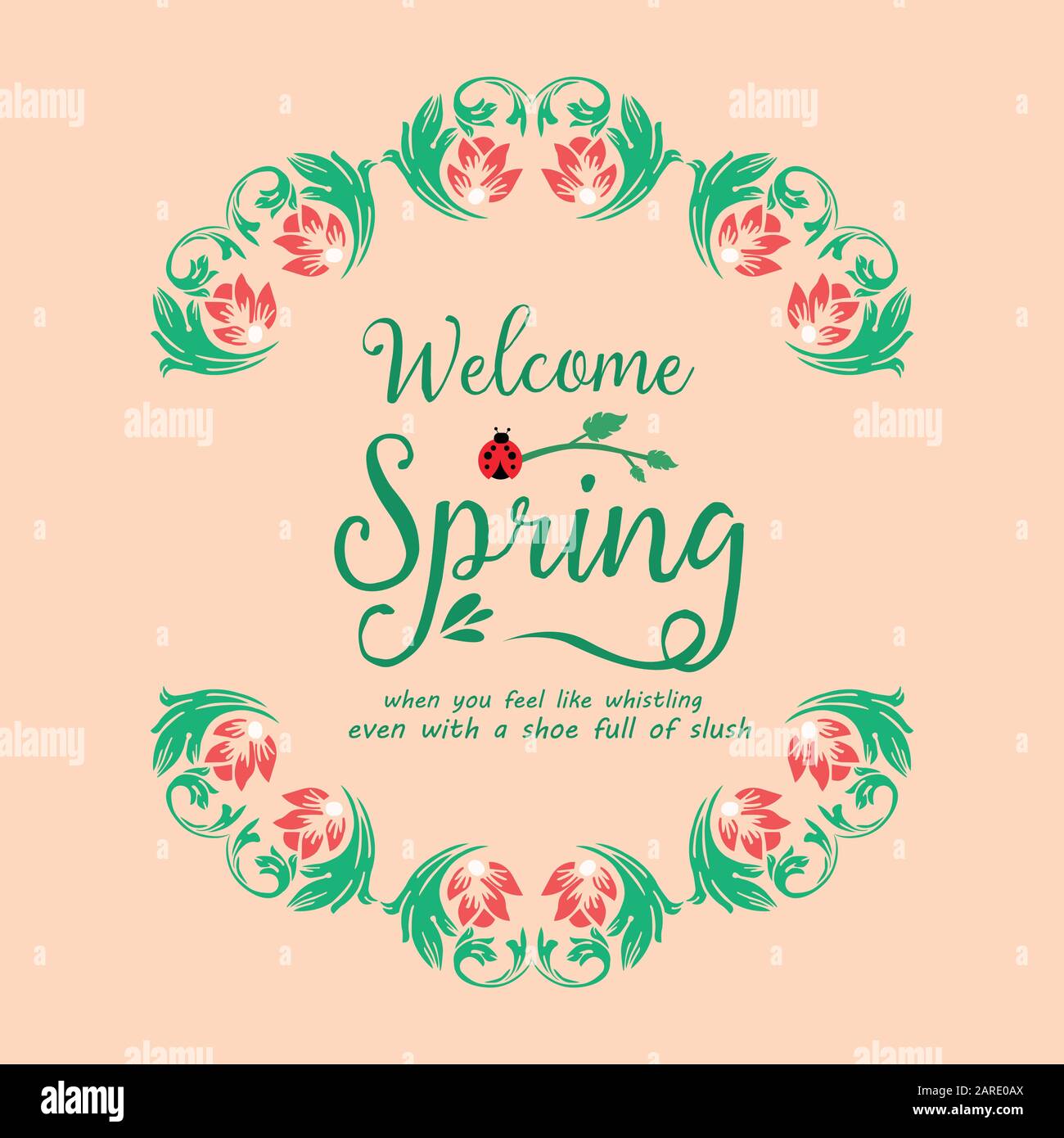 Template for welcome spring greeting card design, with leaf and red ...