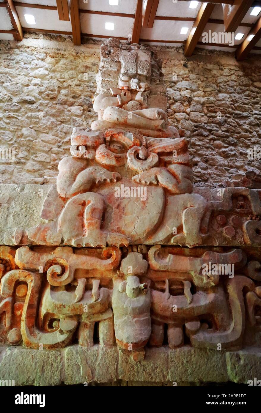 A colorful stucco frieze inside the Structure I temple in the ancient ...