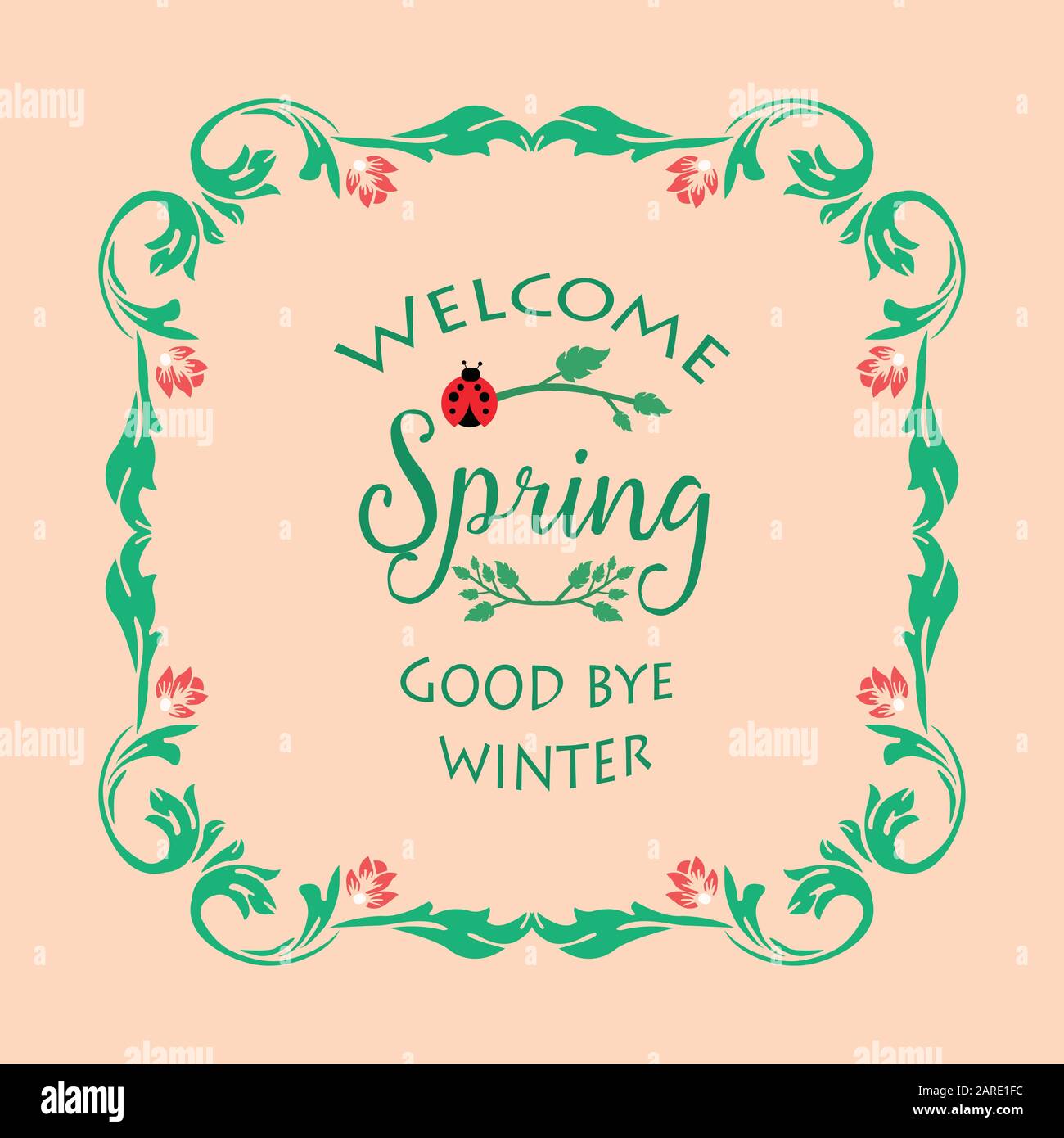 Seamless leaf and red flower frame design, for cute welcome spring ...