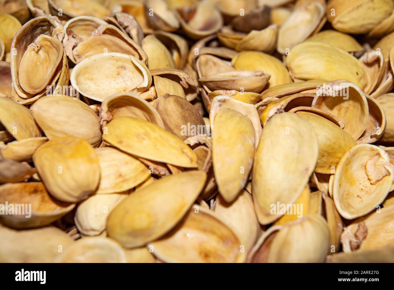 Pistachio shells. The background image of the surface texture close-up ...
