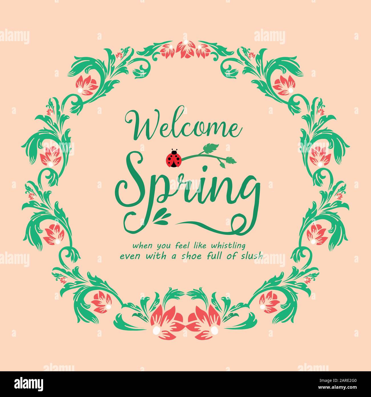 Welcome spring greeting card concept, with elegant leaf and red wreath ...