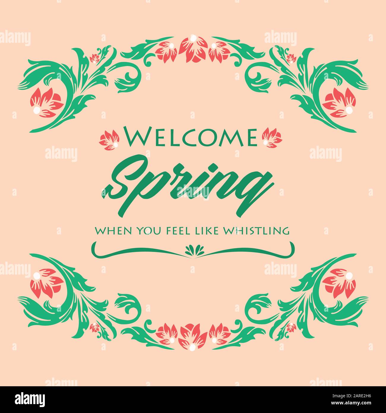Welcome spring greeting card concept, with elegant leaf and red wreath ...