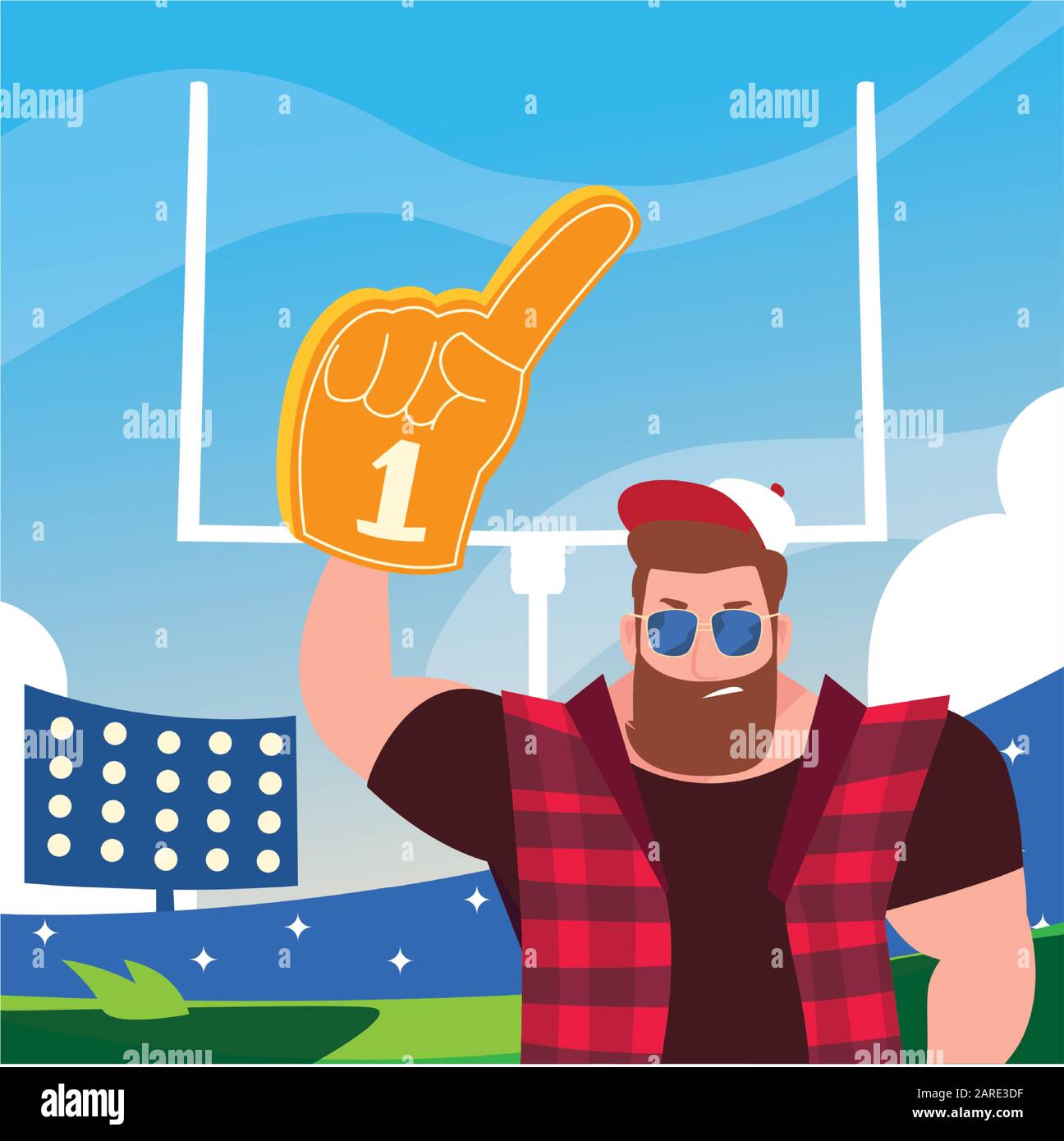 man holding a hand glove with number 1 fan, yellow foam finger vector ...