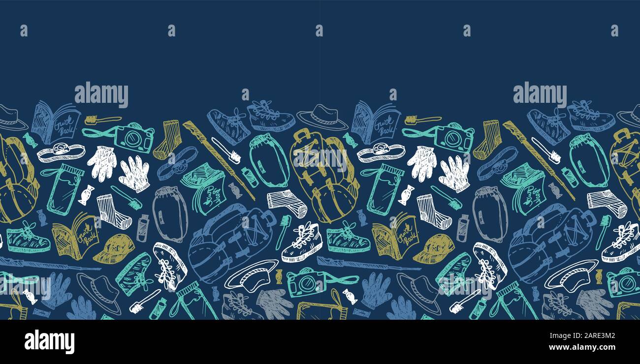 Vector blue doodle sketch horizontal border pattern with objects for ...