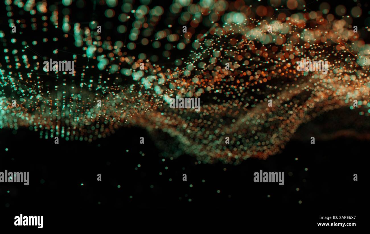 Plexus of abstract orange and green dots on a black background. Loop animations. 3D illustration ...