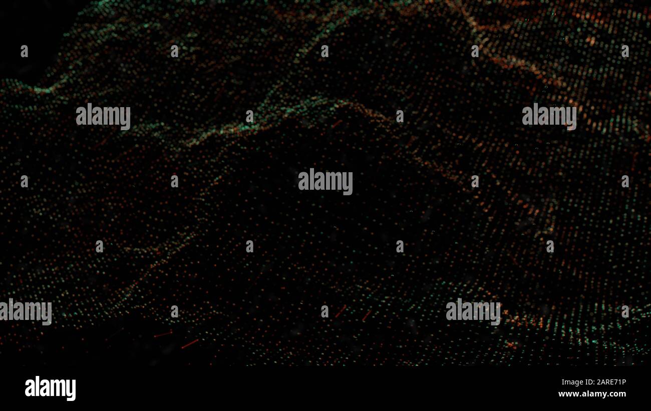 Plexus of abstract orange and green dots on a black background. Loop animations. 3D illustration ...