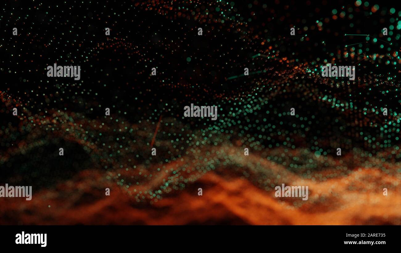 Plexus of abstract orange and green dots on a black background. Loop animations. 3D illustration ...