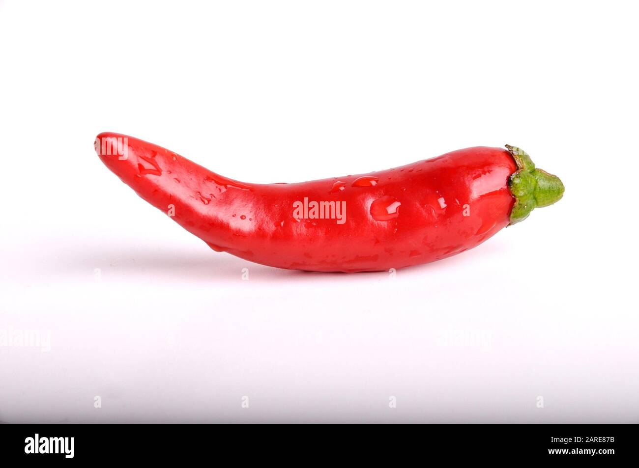 Red chilli pepper with water drops on it under the lights against a ...