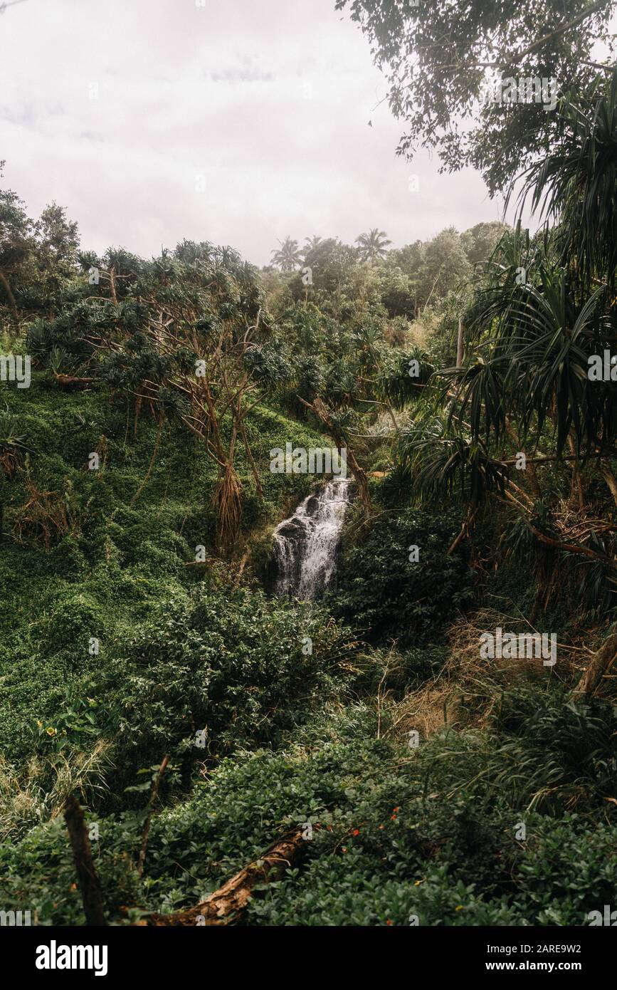 High angle shot of waterfalls in the forest with a gloomy sky Stock ...