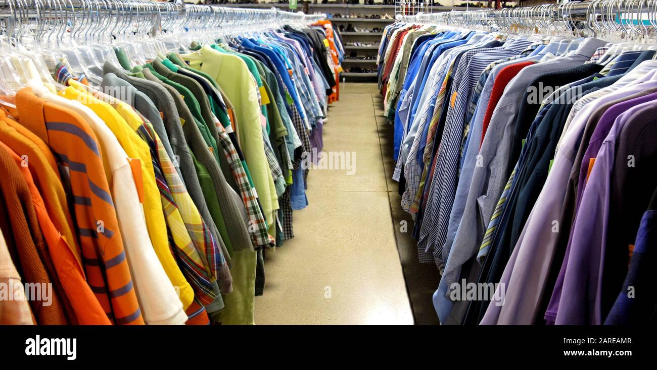 High angle shot of items of clothing in a boutique Stock Photo - Alamy