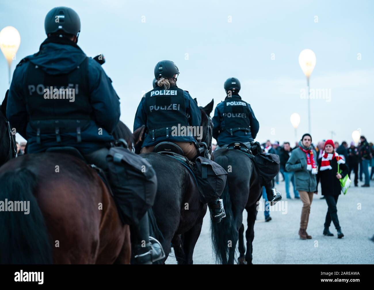 MUNICH, GERMANY - Jan 25, 2020: Mounted police at german soccer game of ...