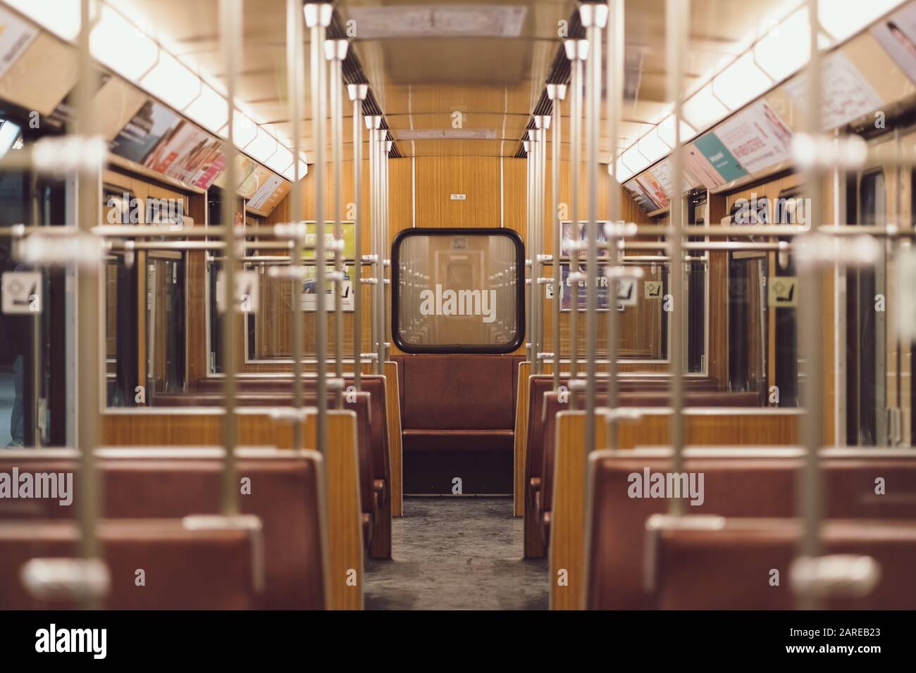 MUNICH, GERMANY - Jan 25, 2020: Interior of old vintage subway trains ...