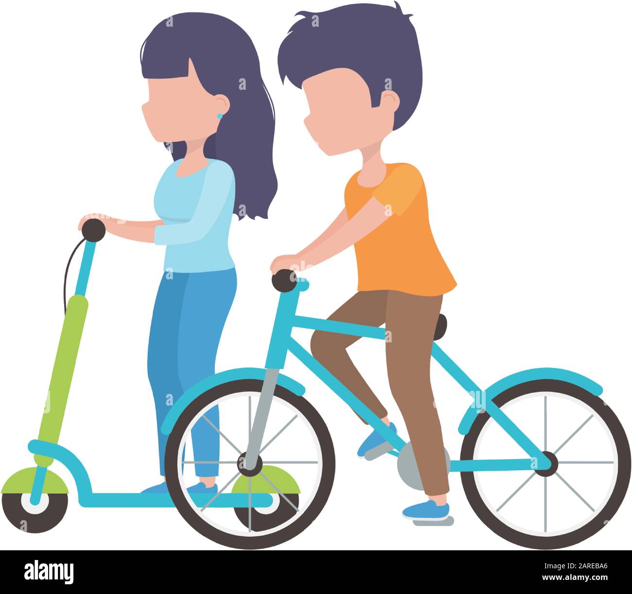 couple riding bike and electric scooter cartoon characters vector ...