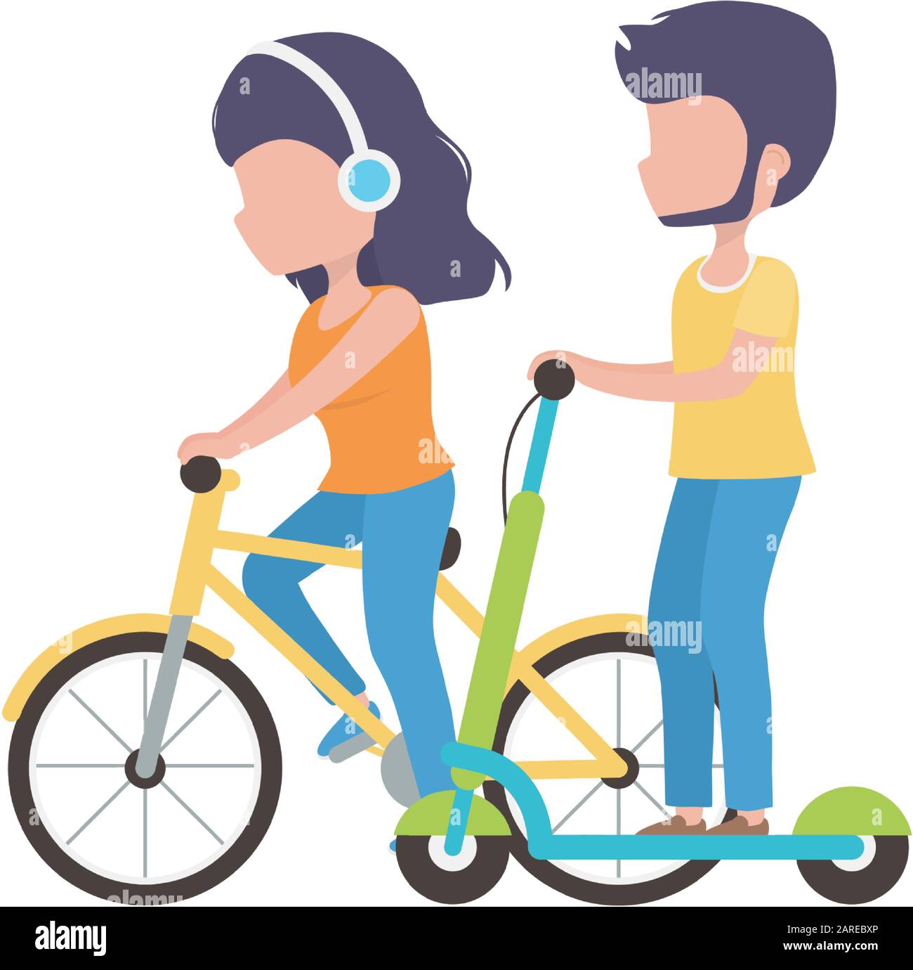 couple riding bike and electric scooter cartoon characters healthy ...