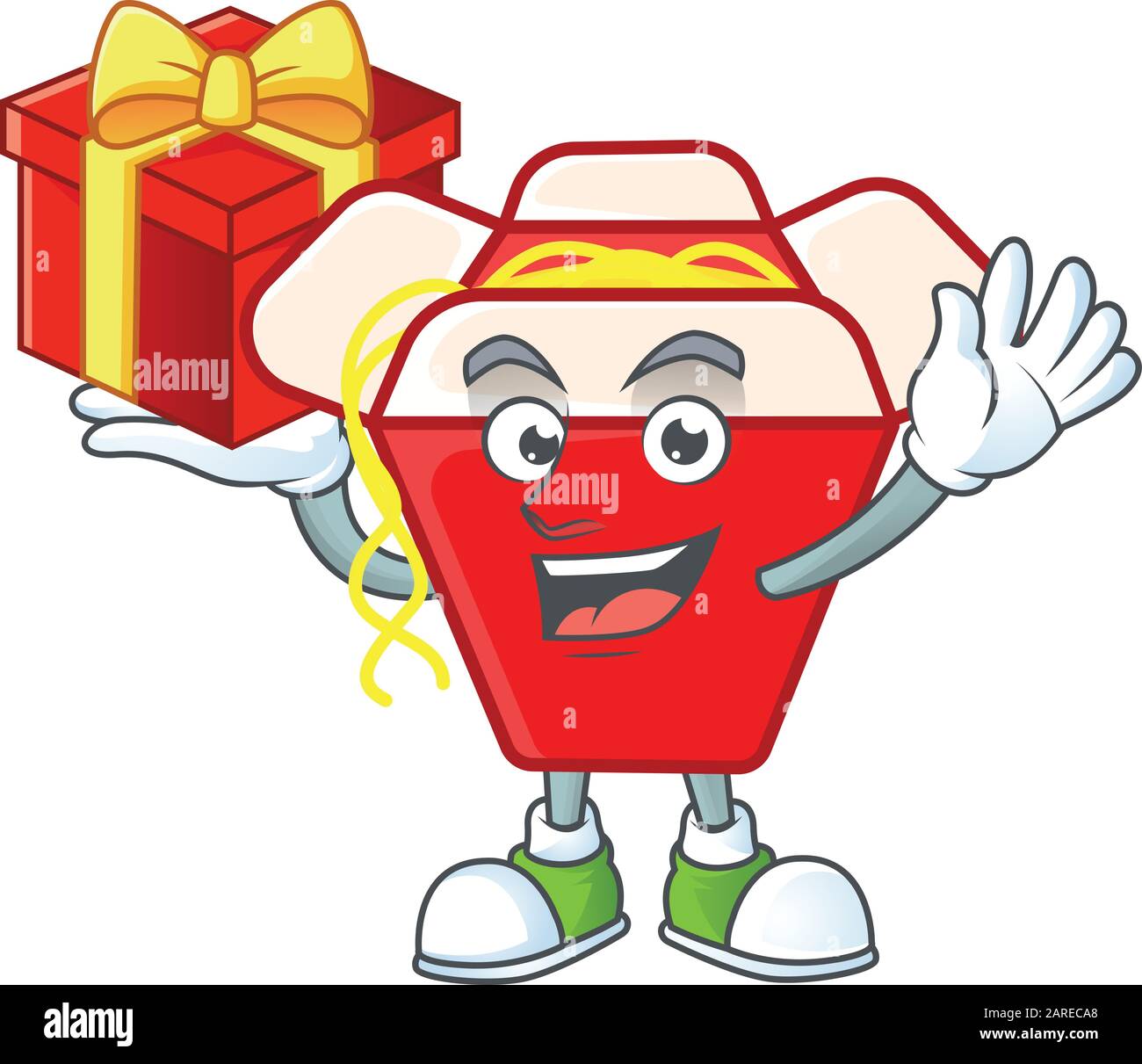 Happy face chinese box noodle cartoon character having a box of gift ...