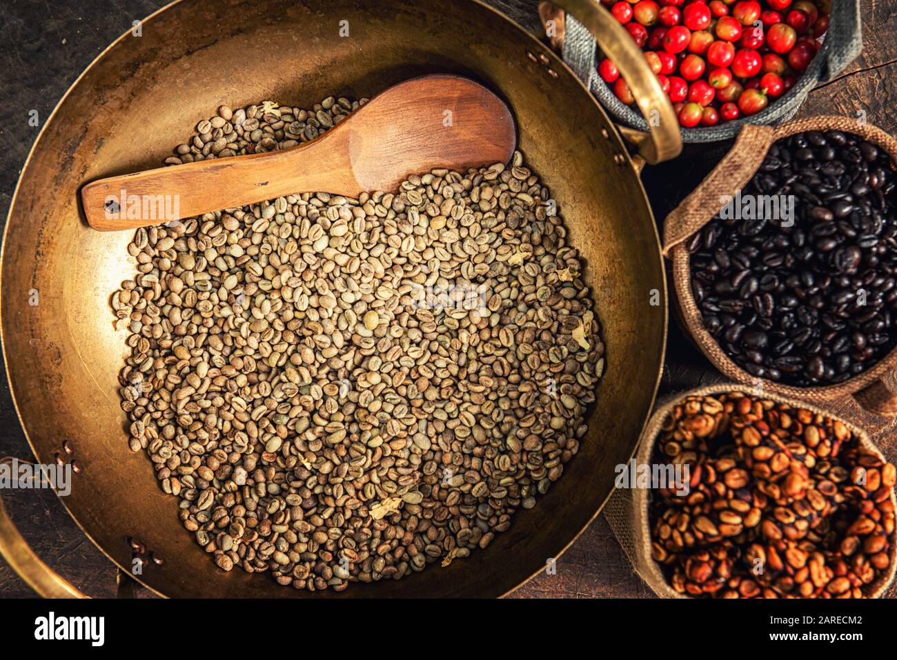 Robusta, Arabica, coffee berries, coffee beans. Top view with copy ...