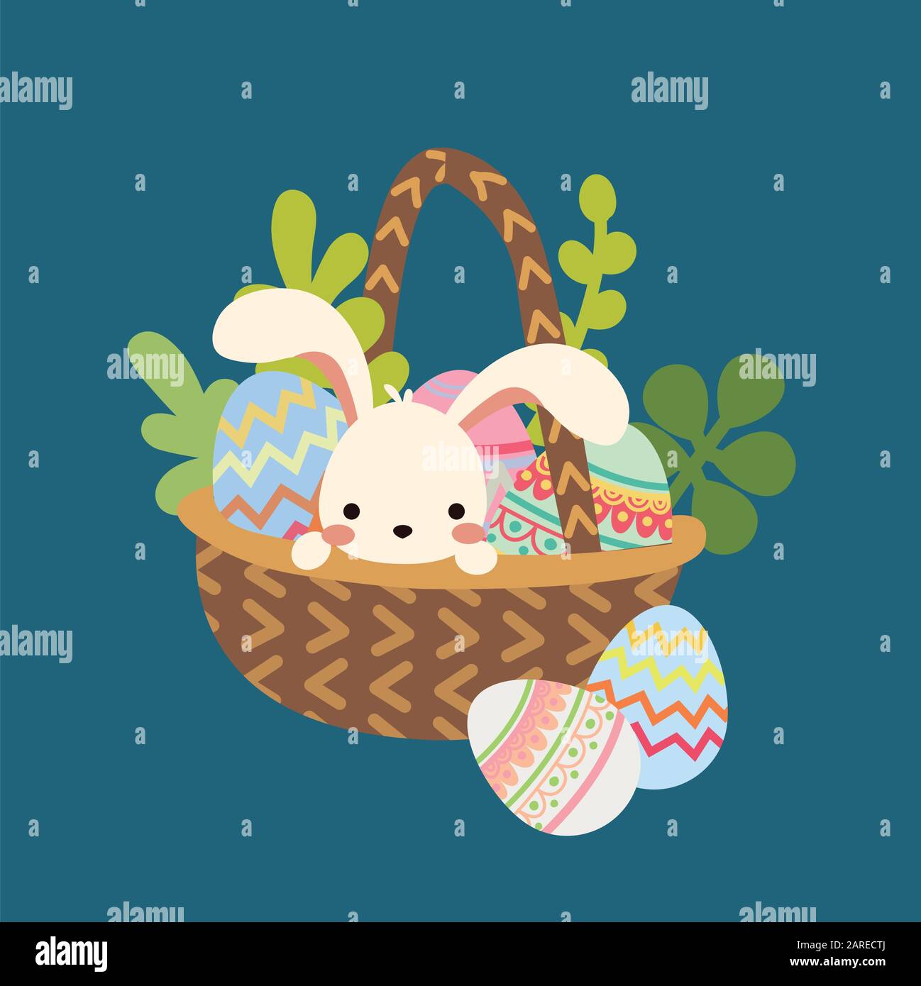 Cute easter bunny in basket with eggs and flowers Stock Vector Image ...