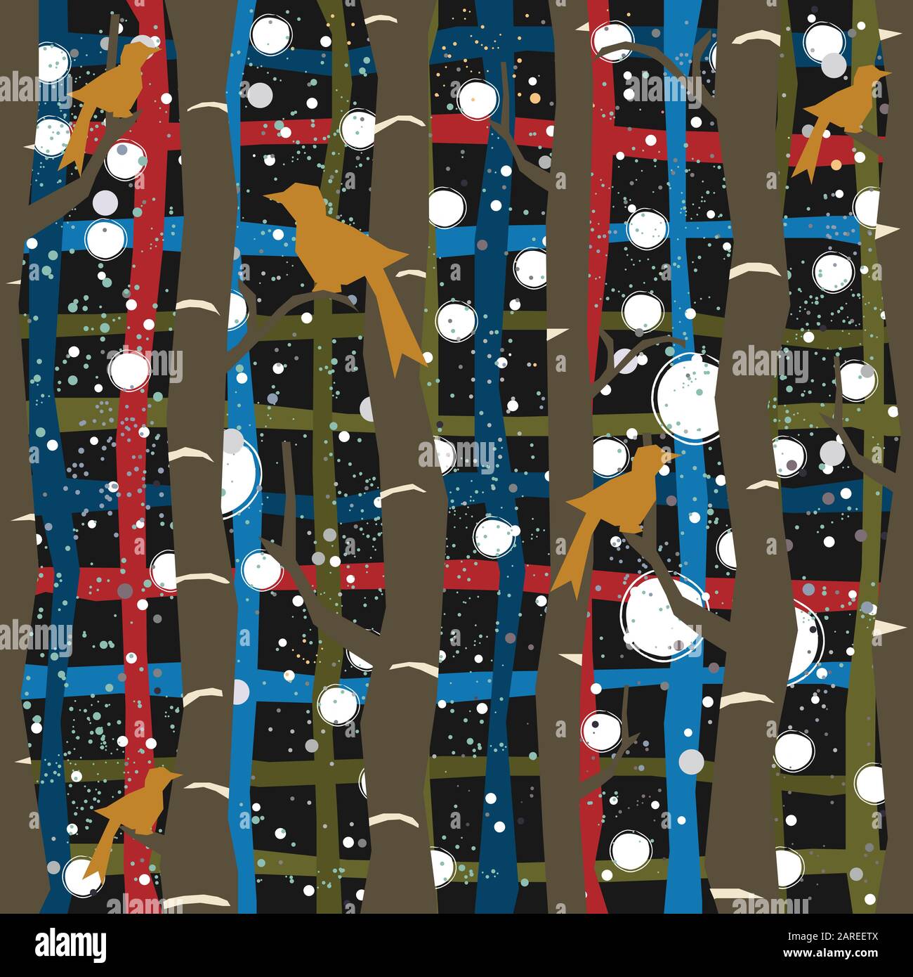 Seamless Tree Pattern with big birds and leaves. Vector Illustration ...