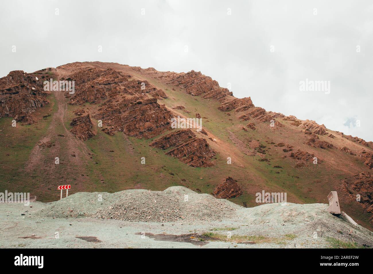 Landscape with mountains, clouds, water, and roads in a Central Asian ...