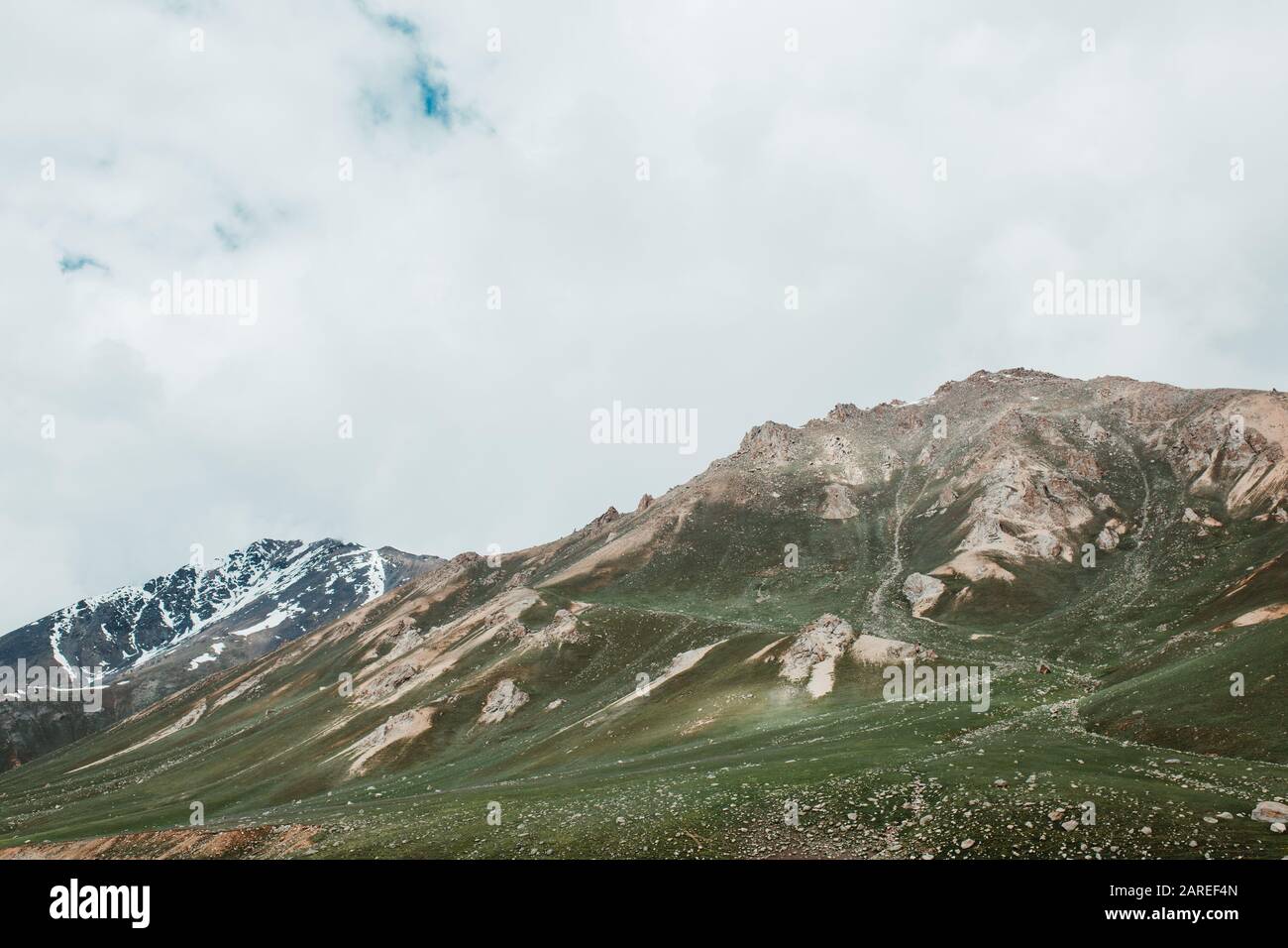 Landscape with mountains, clouds, water, and roads in a Central Asian ...