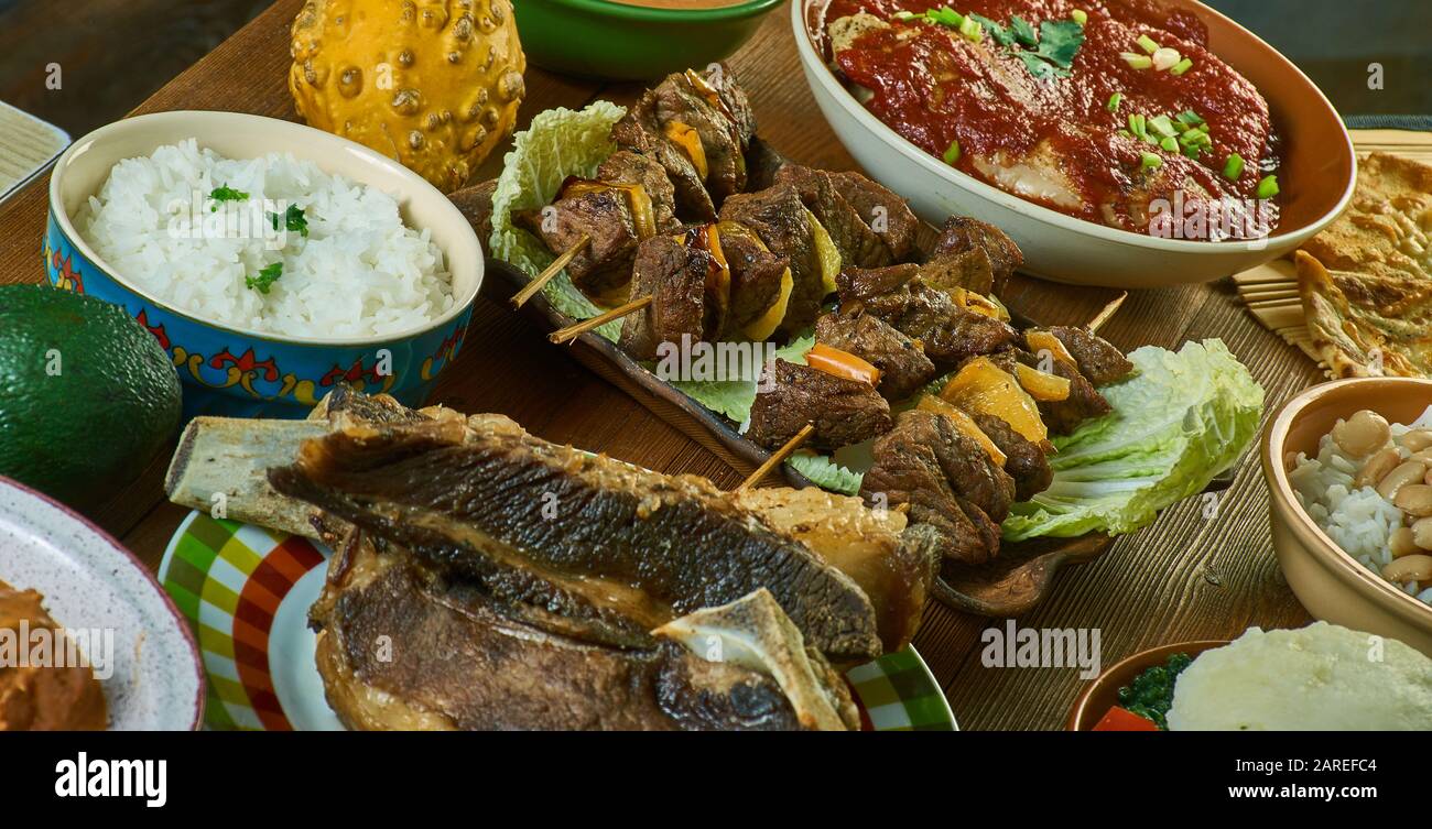Tanzanian cuisine, Traditional assorted African dishes, Top view Stock ...